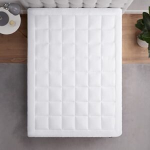 SERTA ComfortSure Breathable Elastic Dobby Check Quilted Pillow Top Mattress Pad Cover with 18" Deep Pocket for All Season, White, Twin