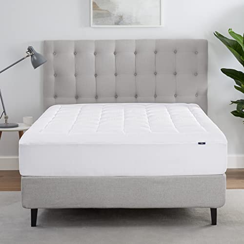 SERTA ComfortSure Breathable Elastic Dobby Check Quilted Pillow Top Mattress Pad Cover with 18" Deep Pocket for All Season, White, Twin