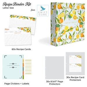 SwiftCube Recipe Binder 8.5x11 3 Ring Kit - Blank Recipe Book to Write in your Own Recipes with Recipe Cards 4x6, Dividers, Labels & Plastic Sleeves for your Printouts (Family Recipe Book Organizer)