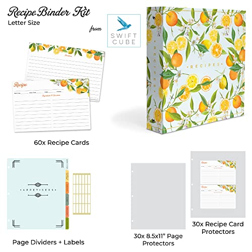 SwiftCube Recipe Binder 8.5x11 3 Ring Kit - Blank Recipe Book to Write in your Own Recipes with Recipe Cards 4x6, Dividers, Labels & Plastic Sleeves for your Printouts (Family Recipe Book Organizer)