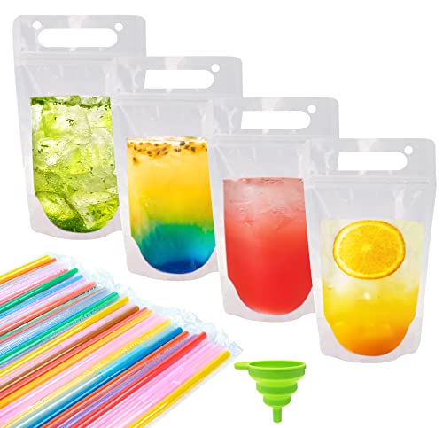 100 Pcs Drink Pouches for Adults, Reusable Drink Pouches with Straws Funnel, Hand-held Juice Pouches for Adults Smoothie Pouches for Birthday, Cool Summer Party