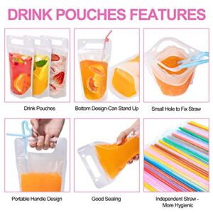 100 Pcs Drink Pouches for Adults, Reusable Drink Pouches with Straws Funnel, Hand-held Juice Pouches for Adults Smoothie Pouches for Birthday, Cool Summer Party