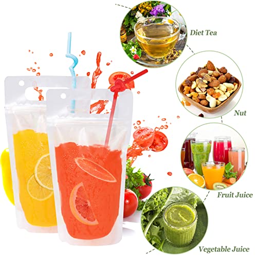 100 Pcs Drink Pouches for Adults, Reusable Drink Pouches with Straws Funnel, Hand-held Juice Pouches for Adults Smoothie Pouches for Birthday, Cool Summer Party