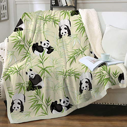 Sleepwish Cute Panda Sherpa Blanket Pandas and Green Bamboo Soft Yellow Fleece Throw Blanket Panda Bear Reversible Blanket Throw(50"x60")