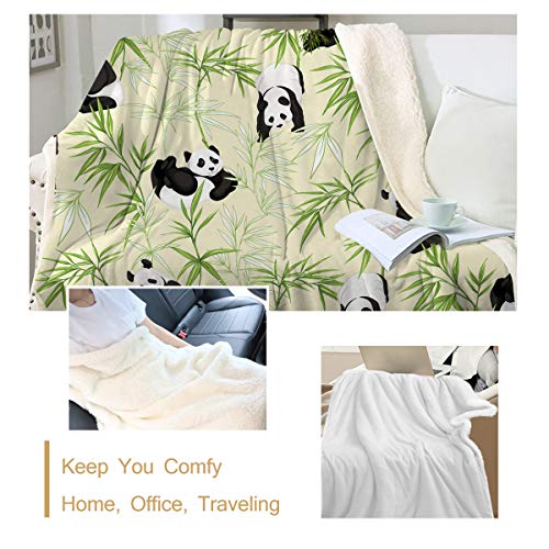 Sleepwish Cute Panda Sherpa Blanket Pandas and Green Bamboo Soft Yellow Fleece Throw Blanket Panda Bear Reversible Blanket Throw(50"x60")