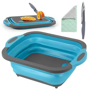 camping cutting board, hi ninger collapsible cutting board with knife and towel foldable camping dishes sink space saving 3 in 1 multifunction storage basket for bbq prep/picnic/camping sink