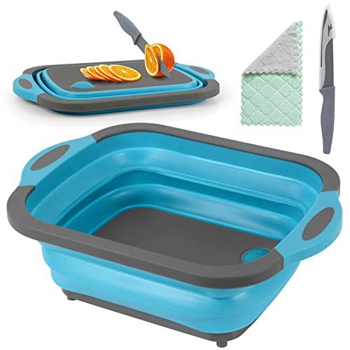 Camping Cutting Board, HI NINGER Collapsible Cutting Board with Knife and Towel Foldable Camping Dishes Sink Space Saving 3 in 1 Multifunction Storage Basket for BBQ Prep/Picnic/Camping Sink