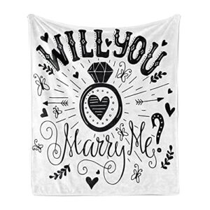 ambesonne engagement party throw blanket, western themed will you marry me words with hearts celebration image, flannel fleece accent piece soft couch cover for adults, 50" x 70", black and white