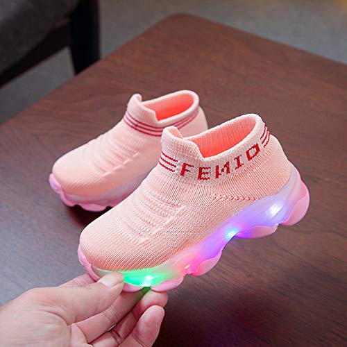 Lykmera Children Baby Luminous Shoes Sport Running Shoes Boys Socks Shoes Casual Led Run Mesh Letter Printed Shoes (Pink, 15-18 Months)