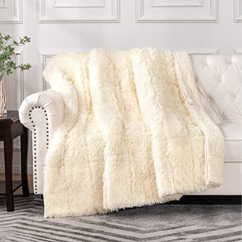 HBlife Soft Faux Fur Sherpa Weighted Blanket for Adults 15 Pounds Queen Size 60X80 Inches, 100% Oeko-Tex Certified Decorative Shaggy Fluffy Plush Reversible Fuzzy Heavy Blanket, Cream