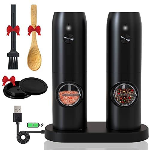 Electric Salt and Pepper Grinder Set - USB Rechargeable,LED Light,Adjustable Coarseness,TEITOP Automatic Pepper and Salt Mill Grinder Set with Charging Base(Black 2 Mills)