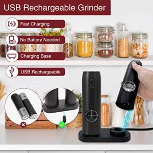 Electric Salt and Pepper Grinder Set - USB Rechargeable,LED Light,Adjustable Coarseness,TEITOP Automatic Pepper and Salt Mill Grinder Set with Charging Base(Black 2 Mills)