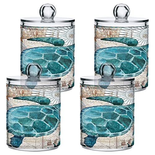 CHIFIGNO Vintage Blue Sea Turtles Starfish Map Qtip Dispenser 2 Pack Clear Apothecary Plastic Jars Bathroom Storage Containers for Cotton Pads, Cotton Ball, Cotton Swabs, Floss Picks 10 Oz