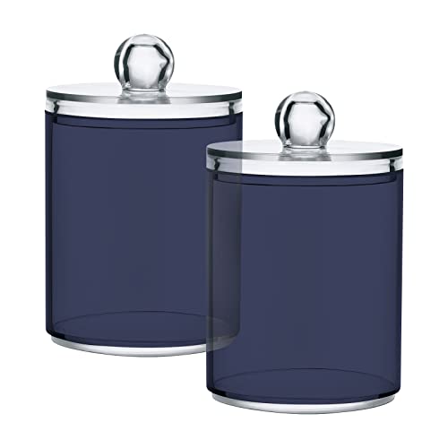 DOMIKING Navy Blue 2 Pack Cotton Swab Holder Dispenser Plastic Jar Bathroom Storage Canister Acrylic Containers for Cotton Ball Floss Picks Hair Clips