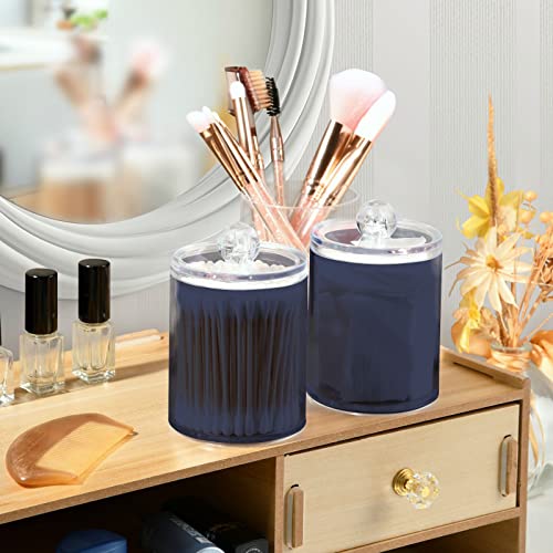 DOMIKING Navy Blue 2 Pack Cotton Swab Holder Dispenser Plastic Jar Bathroom Storage Canister Acrylic Containers for Cotton Ball Floss Picks Hair Clips