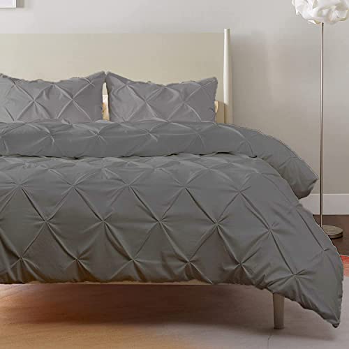 Precious Star Linen Decorative Pinch Pleated Pintuck Duvet Cover Set Super King 108x98 Inch with Zipper & Corner Ties, 800-TC 100% Cotton Soft & Cozy Duvet Cover & 2 Pillow Sham, Grey