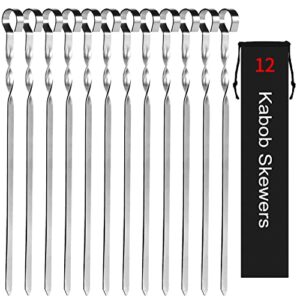 kabob skewers 14" stainless steel long bbq barbecue skewers, flat metal kebob sticks wide reusable grilling skewers for meat chicken, set of 12pcs with storage bag by jy cookment