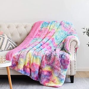 newcosplay super soft faux fur throw blanket premium sherpa backing warm and cozy throw decorative for bedroom sofa floor (dark rainbow, throw(40"x50"))