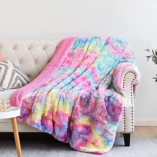 NEWCOSPLAY Super Soft Faux Fur Throw Blanket Premium Sherpa Backing Warm and Cozy Throw Decorative for Bedroom Sofa Floor (Dark Rainbow, Throw(40"x50"))