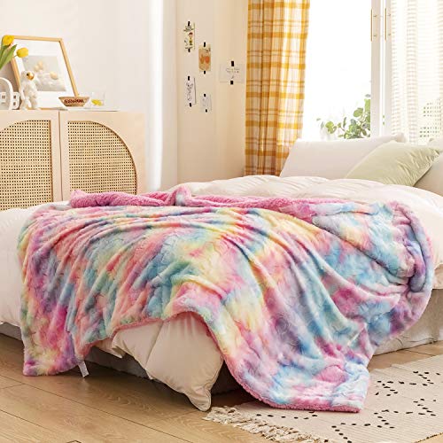 NEWCOSPLAY Super Soft Faux Fur Throw Blanket Premium Sherpa Backing Warm and Cozy Throw Decorative for Bedroom Sofa Floor (Dark Rainbow, Throw(40"x50"))