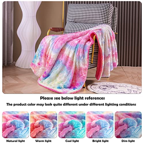 NEWCOSPLAY Super Soft Faux Fur Throw Blanket Premium Sherpa Backing Warm and Cozy Throw Decorative for Bedroom Sofa Floor (Dark Rainbow, Throw(40"x50"))