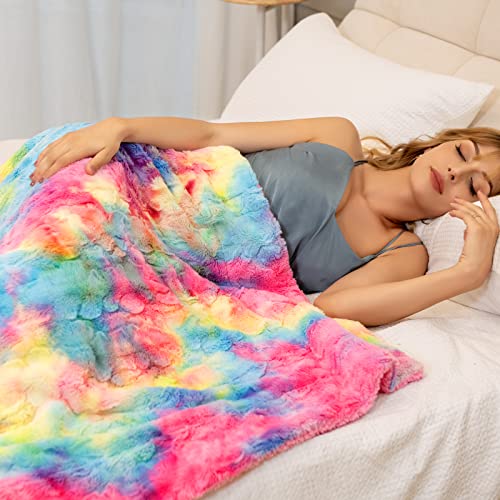 NEWCOSPLAY Super Soft Faux Fur Throw Blanket Premium Sherpa Backing Warm and Cozy Throw Decorative for Bedroom Sofa Floor (Dark Rainbow, Throw(40"x50"))