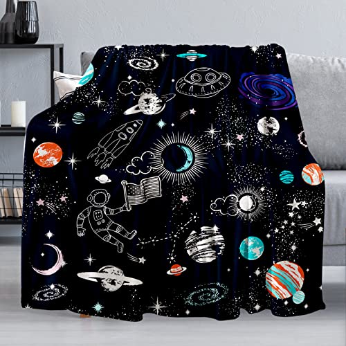 Ultra-Soft Cozy Flannel Fleece Throw Blankets 40"x50", Smooth Warm Fuzzy Plush Blankets for Couch Bed Kids Adults (Galaxy Solar System Astronaut Planets Rocket)