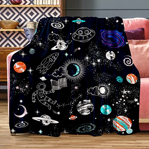 Ultra-Soft Cozy Flannel Fleece Throw Blankets 40"x50", Smooth Warm Fuzzy Plush Blankets for Couch Bed Kids Adults (Galaxy Solar System Astronaut Planets Rocket)