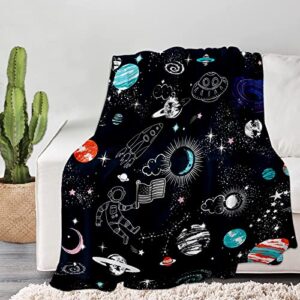 Ultra-Soft Cozy Flannel Fleece Throw Blankets 40"x50", Smooth Warm Fuzzy Plush Blankets for Couch Bed Kids Adults (Galaxy Solar System Astronaut Planets Rocket)