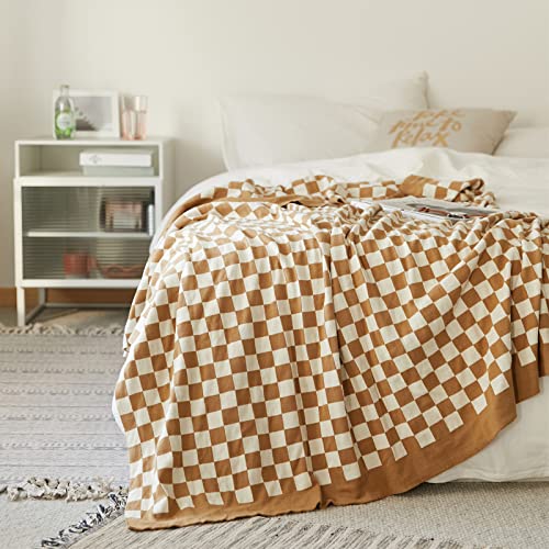 YIRUIO Throw Blankets Checkerboard Grid Chessboard Checkered Lightweight Ultra-Thin Comfort 100% Pure Cotton Knit for Home Decor Bed Couch (Khaki, 60" L x 79" W)