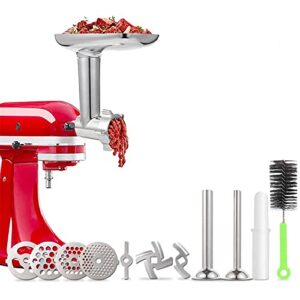 meat grinder attachment for kitchenaid stand mixers, accessories included 2 sausage stuffer tubes, durable metal food grinder attachments by kitchood, silver