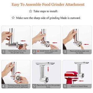 Meat Grinder Attachment for KitchenAid Stand Mixers, Accessories Included 2 Sausage Stuffer Tubes, Durable Metal Food Grinder Attachments by Kitchood, Silver