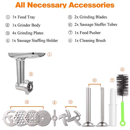 Meat Grinder Attachment for KitchenAid Stand Mixers, Accessories Included 2 Sausage Stuffer Tubes, Durable Metal Food Grinder Attachments by Kitchood, Silver