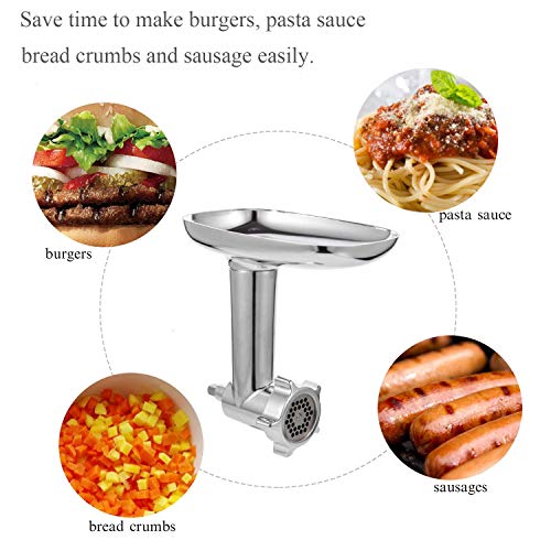 Meat Grinder Attachment for KitchenAid Stand Mixers, Accessories Included 2 Sausage Stuffer Tubes, Durable Metal Food Grinder Attachments by Kitchood, Silver