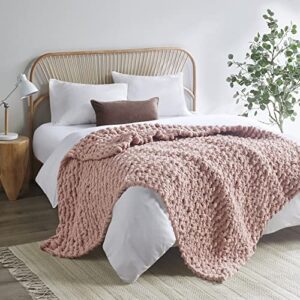 madison park chenille chunky knit handmade throw, luxurious and classic design, elegantly soft, lightweight, breathable cover, cottage style room décor summer blanket, 50" w x 60" l, blush