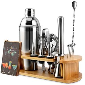 bartender kit, eptison 16-piece stainless steel cocktail shaker set with stylish bamboo stand & cocktail recipes booklet, professional bar tools for drink mixing, home, bar, parties