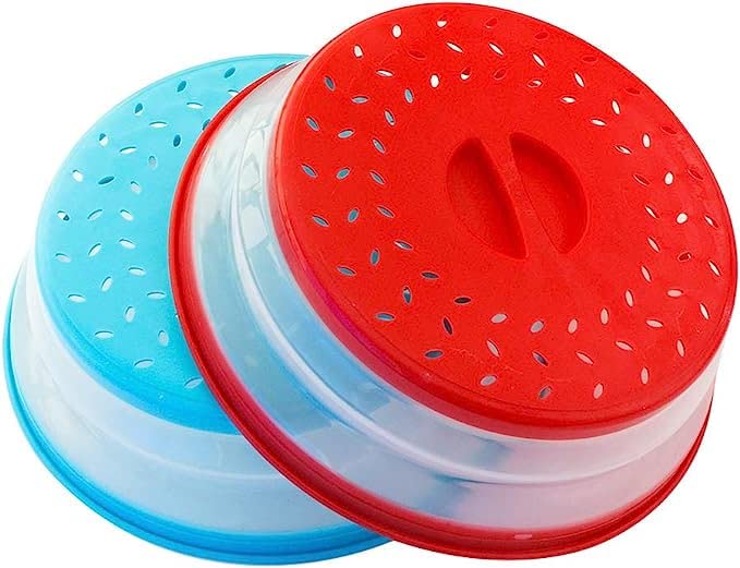 2Packs collapsiable Microwave cover (Red+Blue) BPA free Microwave Splatter Guard Colander Strainer for Fruit Vegetables