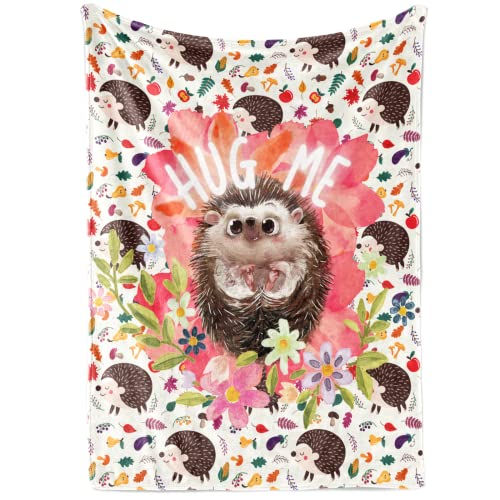 Hedgehog Gifts for Women & Girls, Hedgehog Throws for Hedgehog Lovers, Super Soft Flannel Throw Blankets with Cute Hedgehog Pattern, Birthday Gifts, 50” x 65”, White