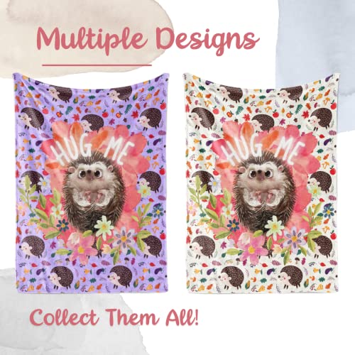 Hedgehog Gifts for Women & Girls, Hedgehog Throws for Hedgehog Lovers, Super Soft Flannel Throw Blankets with Cute Hedgehog Pattern, Birthday Gifts, 50” x 65”, White