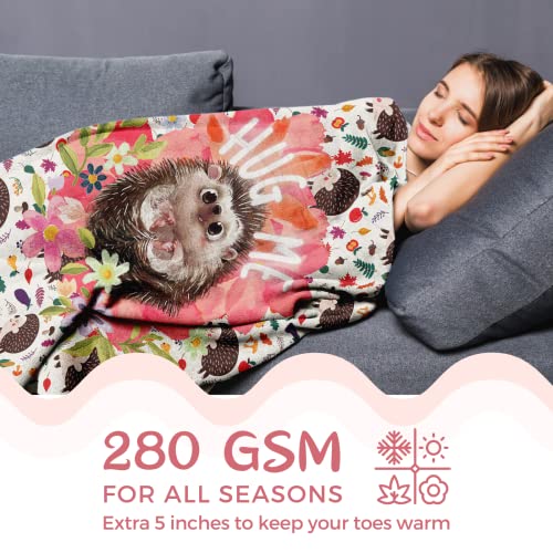 Hedgehog Gifts for Women & Girls, Hedgehog Throws for Hedgehog Lovers, Super Soft Flannel Throw Blankets with Cute Hedgehog Pattern, Birthday Gifts, 50” x 65”, White