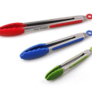 Hot Target Set of 3: 7, 9, 12 inches, Heavy Duty, Non-Stick, Stainless Steel Silicone BBQ and Kitchen Tongs. Heat resistant up to 600°F (Multicolor)