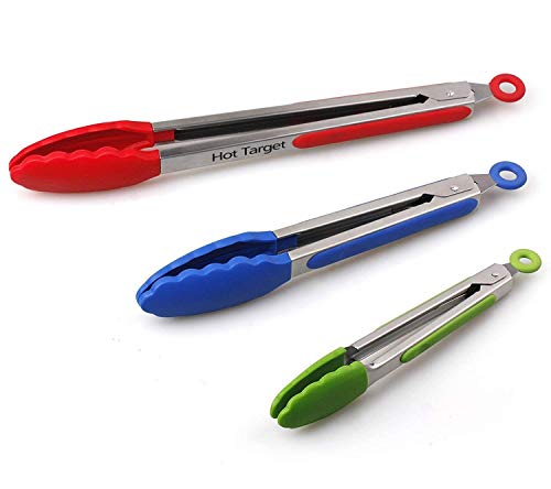 Hot Target Set of 3: 7, 9, 12 inches, Heavy Duty, Non-Stick, Stainless Steel Silicone BBQ and Kitchen Tongs. Heat resistant up to 600°F (Multicolor)