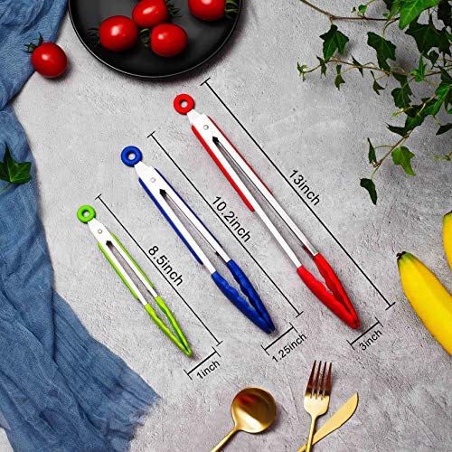 Hot Target Set of 3: 7, 9, 12 inches, Heavy Duty, Non-Stick, Stainless Steel Silicone BBQ and Kitchen Tongs. Heat resistant up to 600°F (Multicolor)