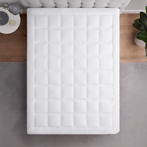 SERTA ComfortSure Breathable Elastic Dobby Check Quilted Pillow Top Mattress Pad Cover with 18" Deep Pocket for All Season, White, Cal King