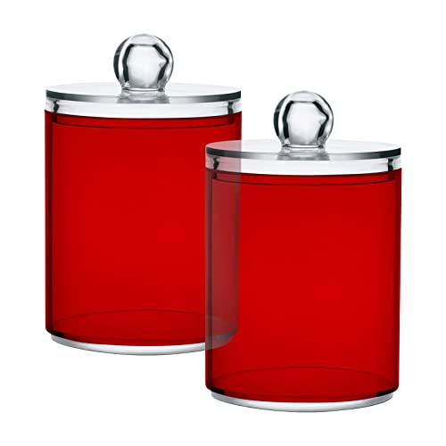 JUMBEAR 2 Pack Red Solid Color Qtip Holder Dispenser with Lid 14 oz Clear Plastic Apothecary Jar Set for Bathroom Vanity Organizers Storage Containers