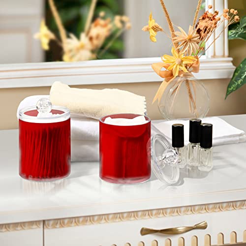 JUMBEAR 2 Pack Red Solid Color Qtip Holder Dispenser with Lid 14 oz Clear Plastic Apothecary Jar Set for Bathroom Vanity Organizers Storage Containers