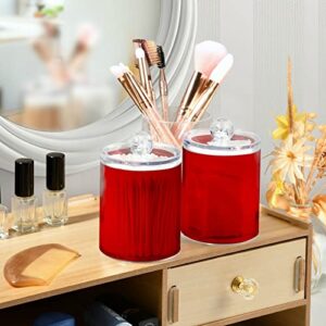 JUMBEAR 2 Pack Red Solid Color Qtip Holder Dispenser with Lid 14 oz Clear Plastic Apothecary Jar Set for Bathroom Vanity Organizers Storage Containers