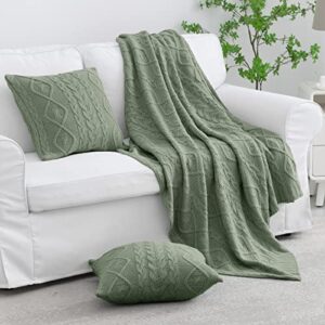 milvowoc sage throw blanket and pillow covers set, 50" x 60" cable knit throw blanket + 2 pieces 18" x 18" knitted throw pillowscase, decorative throw blankets knitted blanket for sofa couch