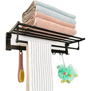 towel rack with towel bar for bathroom wall mount,foldable toalla holder with hooks,hotelier rustproof adjustable bath towels shelf,no drill,24 inch matte black