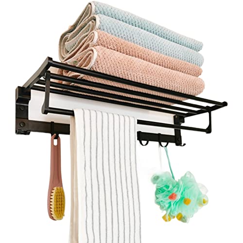 Towel Rack with Towel Bar for Bathroom Wall Mount,Foldable Toalla Holder with Hooks,Hotelier Rustproof Adjustable Bath Towels Shelf,No Drill,24 Inch Matte Black